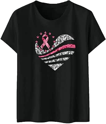 Amazon.com: Women Breast Cancer Pink Ribbon T Shirt Cute Heart Graphic Cancer Fight Tee Tops ...