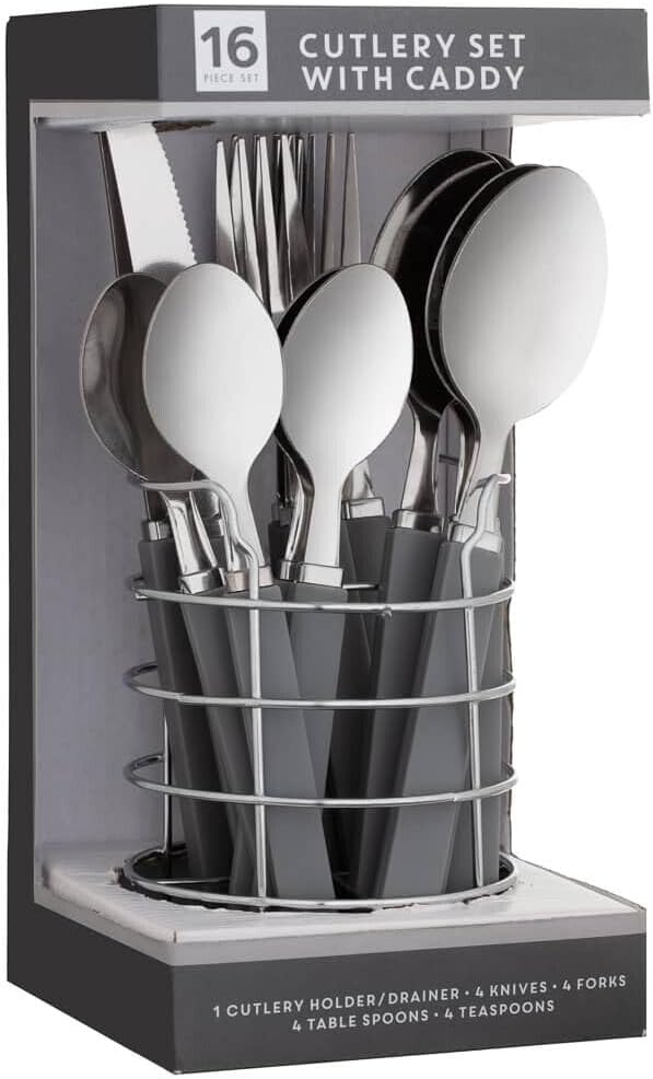 16Pc Cutlery Set Stainless Steet with Caddy - Grey - Comfortable Grip ...