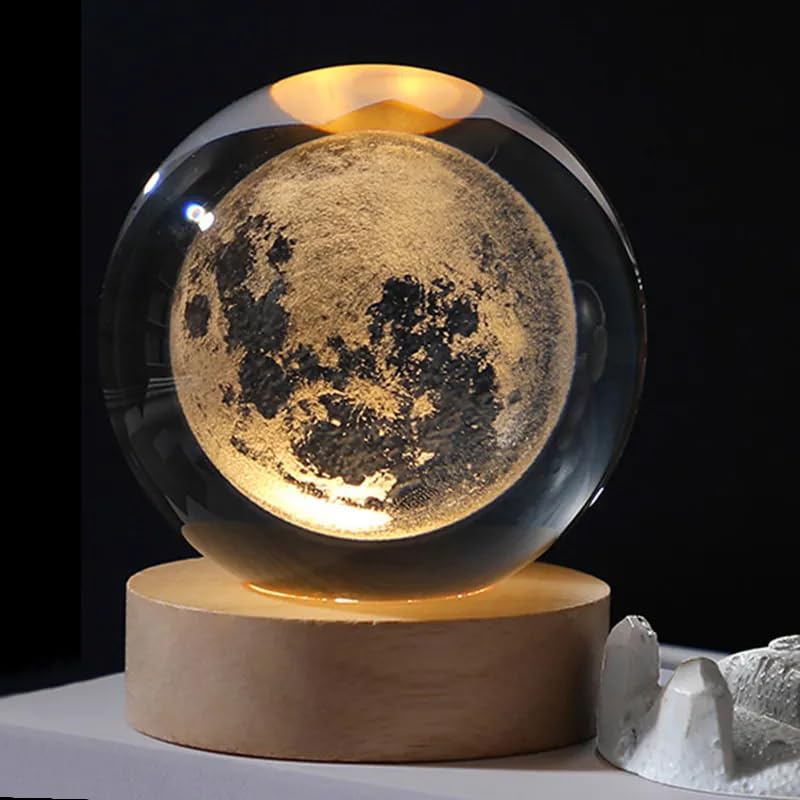 3D Crystal Ball Moon LED Night Light with Wooden Base,16 Colors Change ...