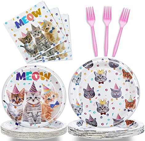 Amazon.com: 96 Pcs Cat Birthday Party Plates Napkins Forks Supplies ...