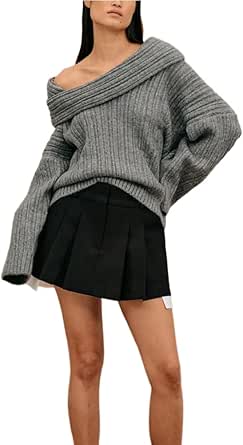 YiKeGuiHuaShu Chic Solid Slash Neck Sweater for Women Casual Loose Long ...