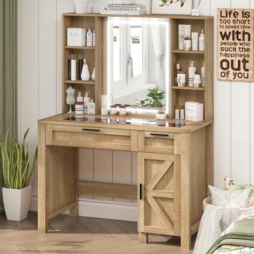 Amazon.com: usikey Farmhouse Vanity Desk with Large Lighted Mirror and ...