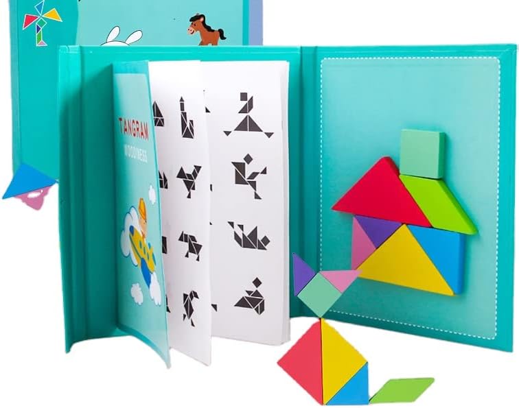 BLiSS HUES™ Travel Wooden Tangram Puzzle - Magnetic Pattern Block Book ...