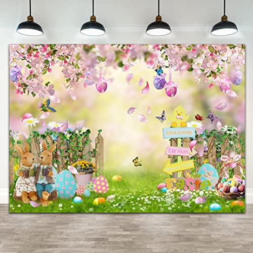 Amazon.com : Lofaris 7x5ft Easter Backdrop Spring Garden Flower Stand Fence Eggs Green Grass ...