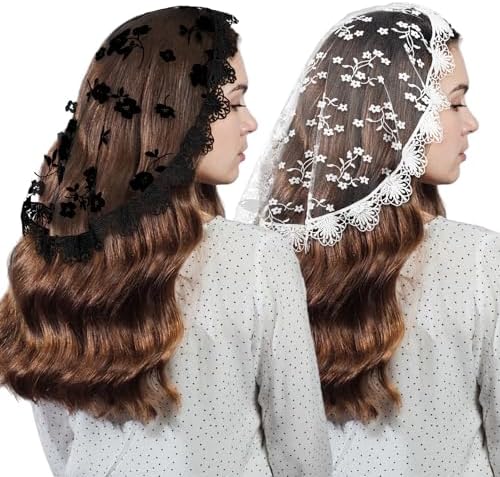 Lace Head Coverings for Women, 2 Pcs Lace Head Scarf Round Floral Lac ...