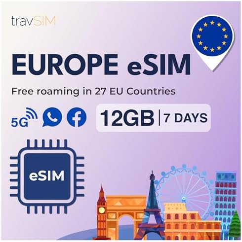 travSIM Europe eSIM with 12GB of Data (4G/5G speeds) | Valid for 7 Days | Data only eSIM | Use ...
