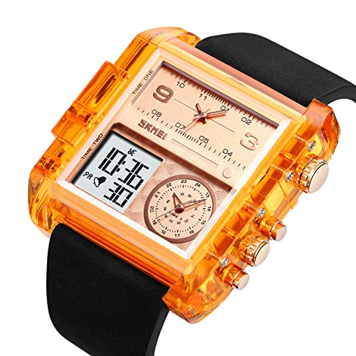 SKMEI Men's Square Watch, LED Backlight Large Screen Multi-Time Zone ...