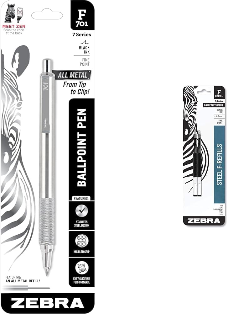 Amazon.com : Zebra® F-701 Stainless Steel Retractable Ballpoint Pen, Fine Point, 0.7 mm, Silver ...
