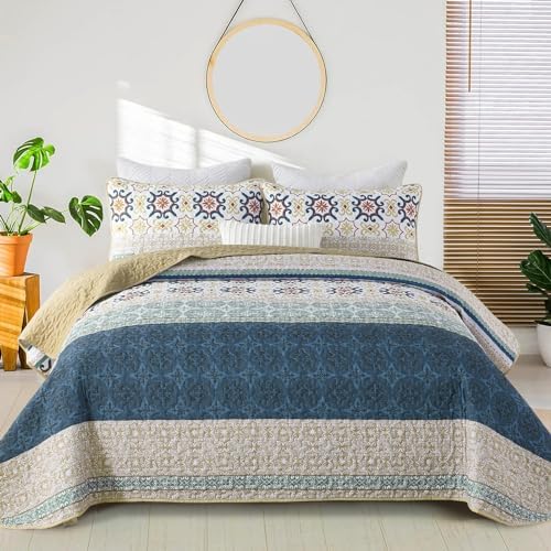 Boho Quilt Set Queen, Blue Bedspread Queen Size Bohemian Striped ...