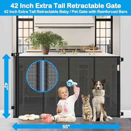 Reinforced 42 Inch Extra Tall Retractable Dog Gate With Reinforced ...
