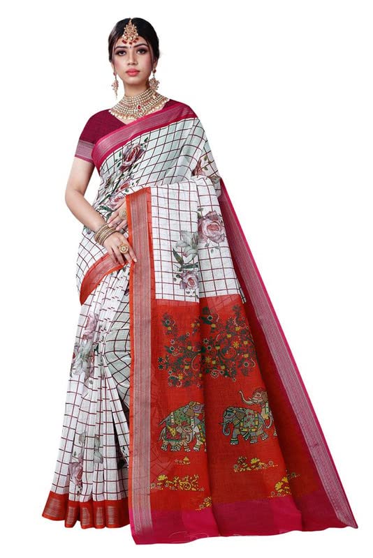 Buy Punit Creation Women's Cotton Linen Saree with Blouse Piece (White ...