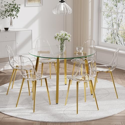 Amazon.com - HAIZAO 42'' Clear Round Glass Dining Table Set for 6, 7 ...
