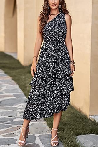 PRETTYGARDEN Women's Summer Floral Sundress Casual One Shoulder Tiered ...