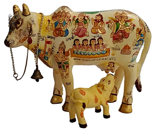 Purpledip Resin Idol Kamdhenu Wish Cow & Calf: Hindu Gods Painted Good ...