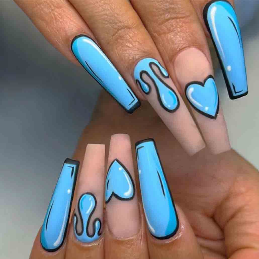 Amazon.com: Foccna Comic Blue Press on Nails Extra Long, Acrylic Fake ...
