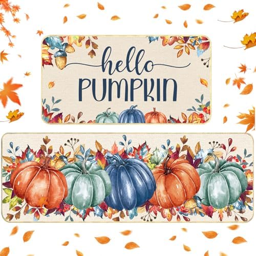 Amazon.com: Tailus Thanksgiving Thankful Pumpkin Kitchen Rugs Set of 2 ...