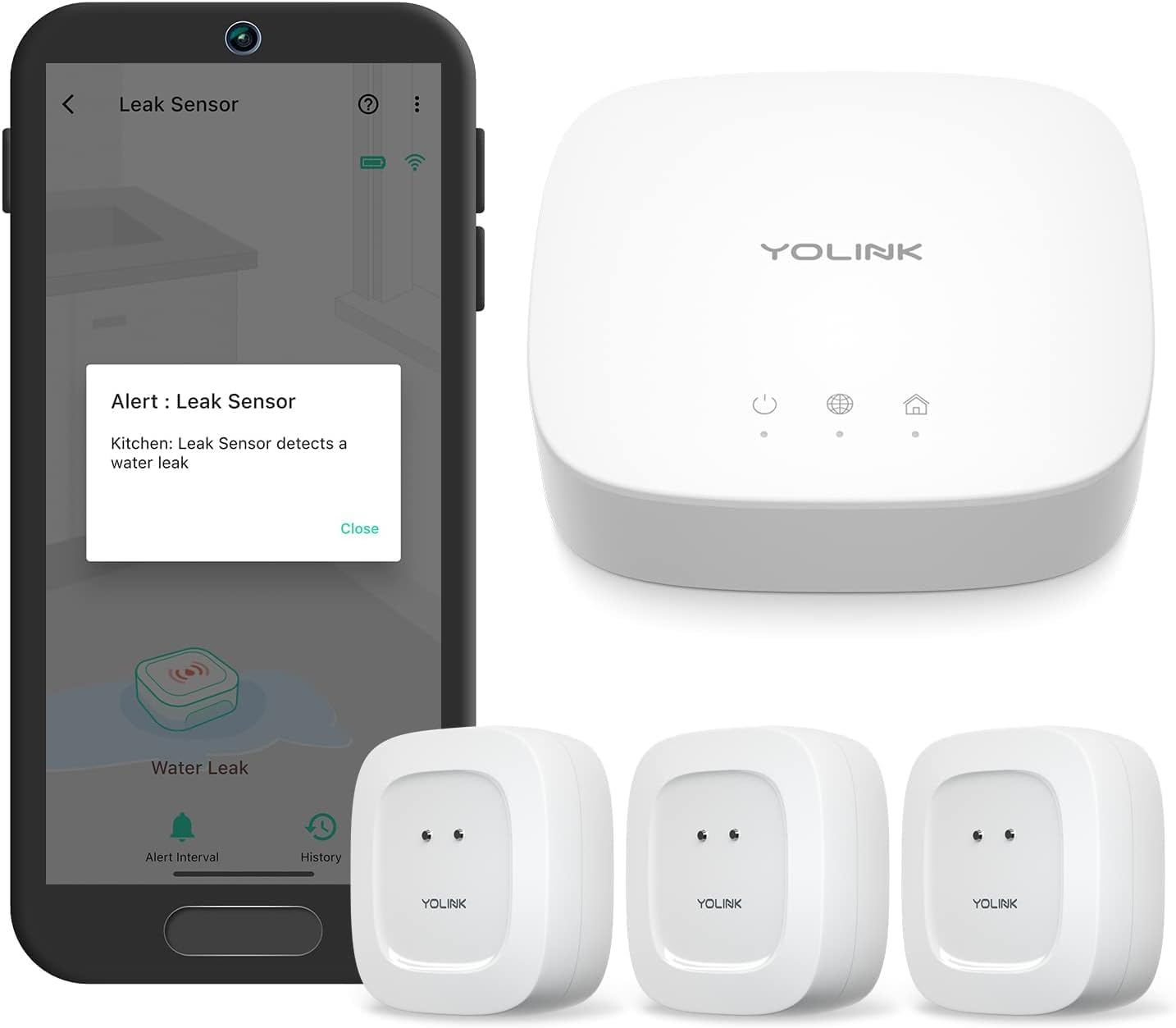 YoLink Smart Home Starter Kit: Hub & 3-Pack Water Leak Sensor 1, LoRa ...
