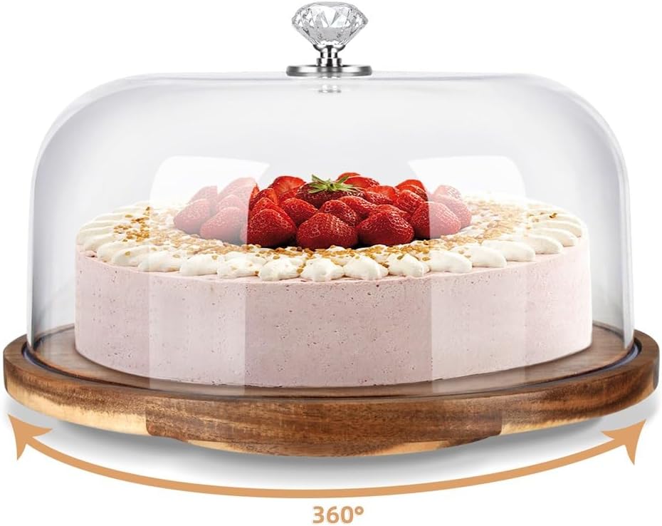 HONZUEN Wooden Cake Stand with Clear Acrylic Dome Lid 360° Cake Display ...