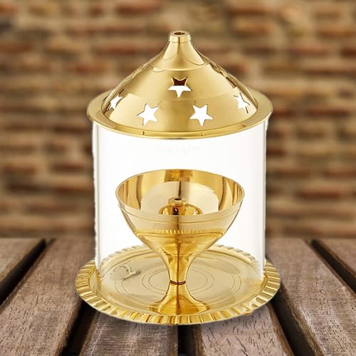 Buy HICKORY Brass Diya for Pooja with Adjustable Bati and Borosilicate ...