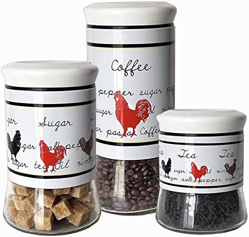 Glass Kitchen Canisters Set of 3, Red Rooster Country Farmhouse Kitchen ...
