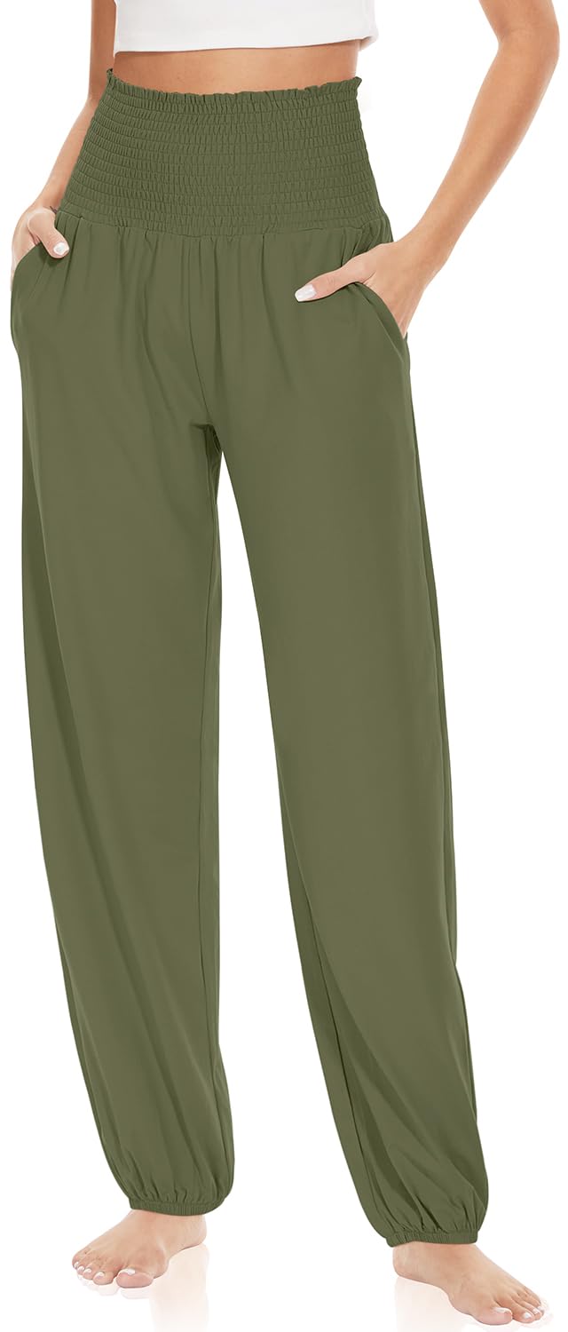 UEU Women's Smocked Ruffle High Waisted Dance Harem Pants with Pockets Soft Comfy Lounge Joggers ...