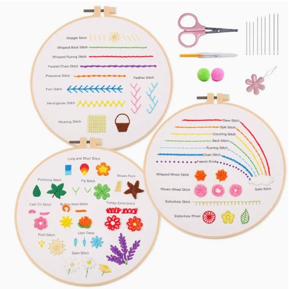HASTHIP® 3 Sets Cross Stitch Embroidery Kit for Beginners, Embroidery ...