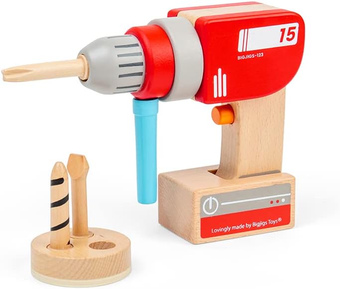 Bigjigs Toys Wooden Kids Drill - Toy Drill with 3 Magnetic Drill Bits ...