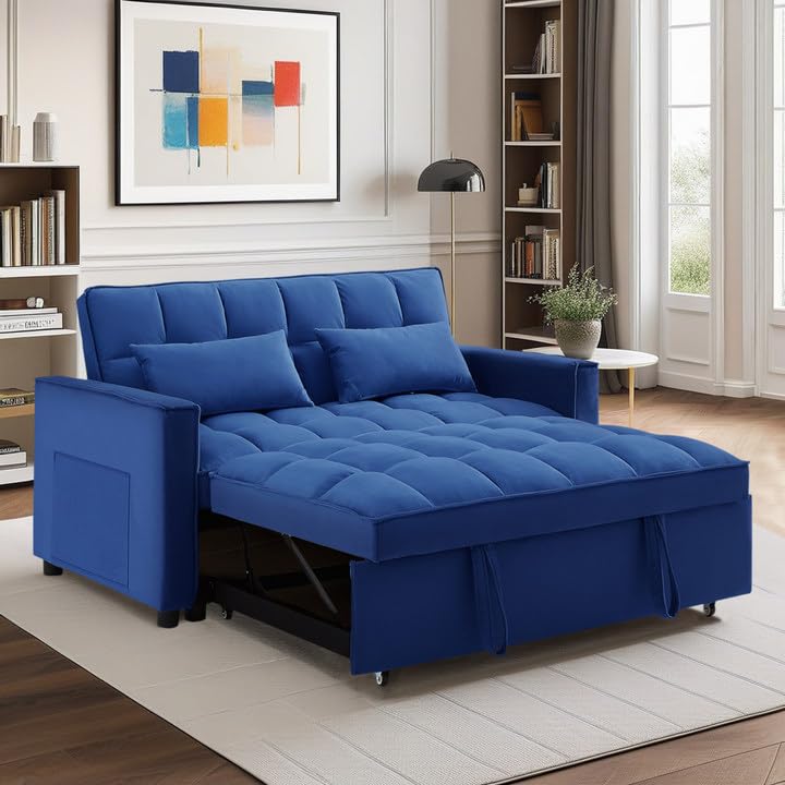 3-in-1 Convertible Loveseat Couch, Velvet 2-Seater Sofa with Pull-Out ...