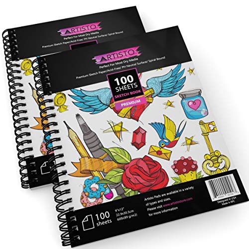 Artisto 9x12" Premium Sketch Book Set, Spiral Bound, Pack of 2, 200 ...