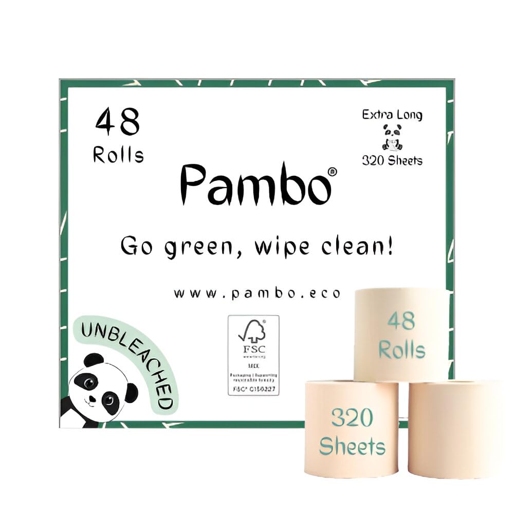 Pambo Bamboo Toilet Paper - Box of 48 Rolls Unbleached | 320 Sheets Per Loo Roll | Plastic Free ...