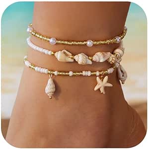 Amazon.com: Qceasiy Shell Ankle Bracelet Set for Women, Gold Boho Bead Adjustable Anklet ...