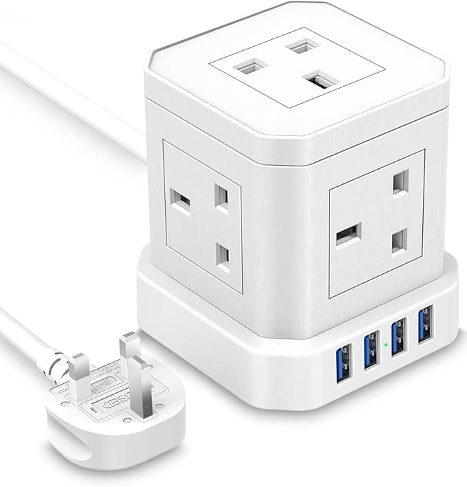 Tuare Cube Extension Lead with 4 USB Slots, 2M Extension Cable, 5 AC ...