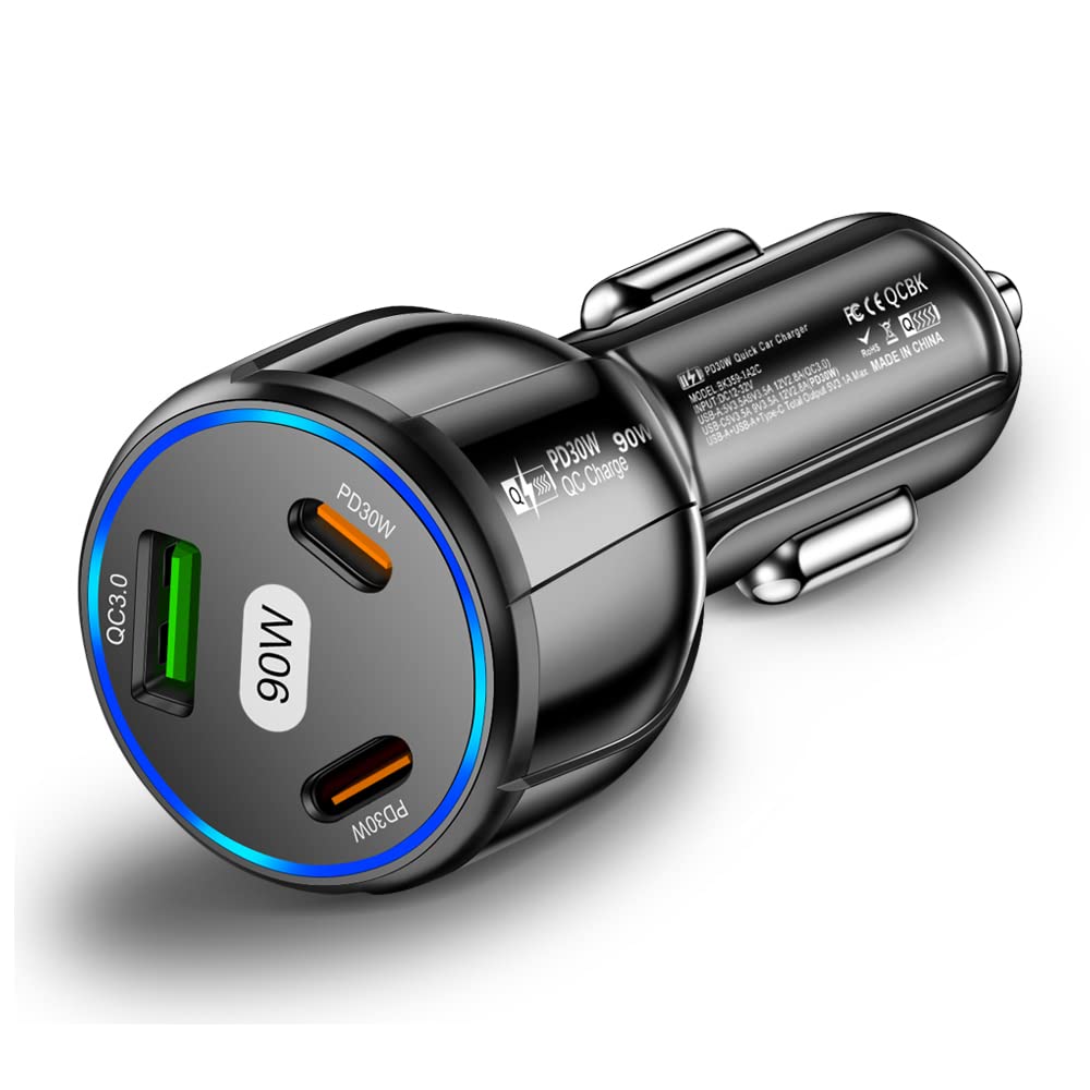 Amazon.com: Sewvstr 3-Port Car Charger Adapter, 90W PD &QC3.0 Fast ...
