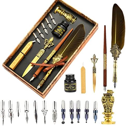 Joyeee Real Feather Quill Pen and Ink Set, Include Sealing Wax Stamp ...