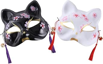 Sewroro 2pcs Japanese Style Anime Cat Mask - Cosplay Half Face Kabuki ...