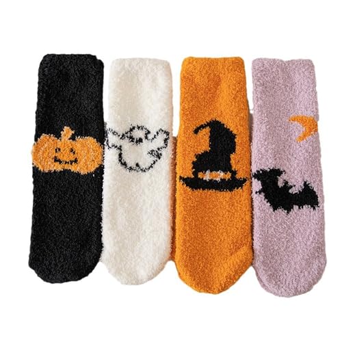 4 PCS Halloween Socks for Women, Fluffy with Pumpkin Ghost Witch Hat ...
