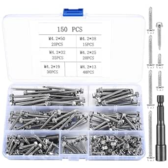 Hex Head Self-Drilling Screws, 150 Pack M4.2 Self-Tapping Metal Screws ...