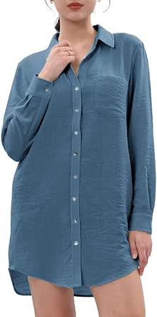 Amazon.com: Amazhiyu Women's Linen Button-up Shirt Dresses Long Sleeve ...