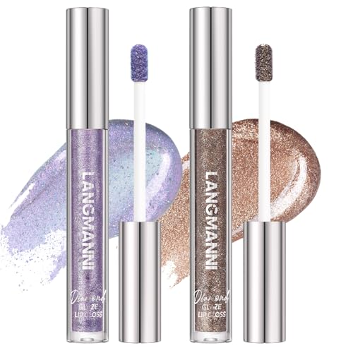 LANGMANNI 2 Colors Diamond Glitter Lip Gloss Set,Long Lasting High ...