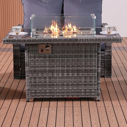 Rattan Gas Fire Pit Table with Lava Stones, Removeable Wind Guard & Lid ...