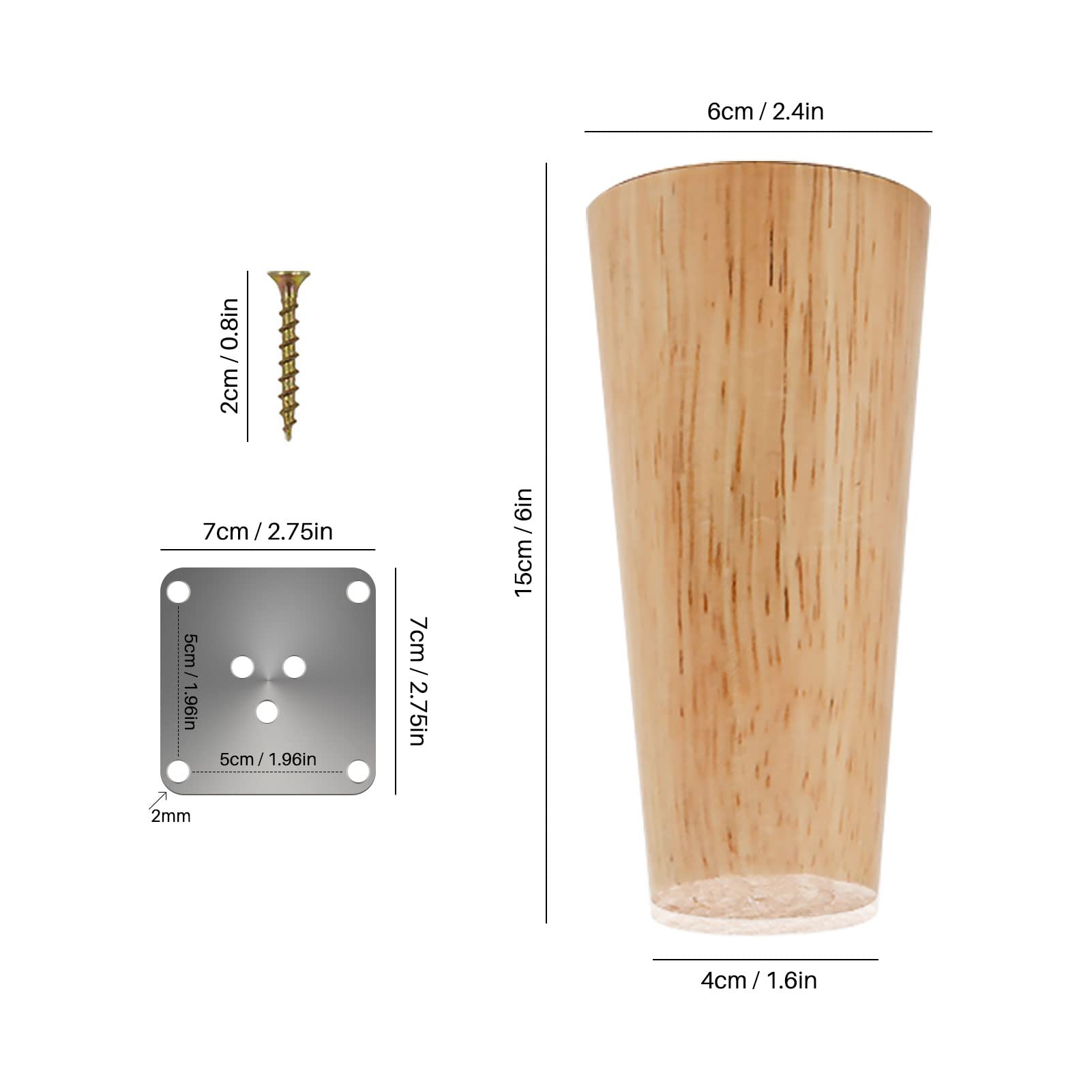 Pack of 4 Wooden Table Legs, Solid Wood Conical Replacement Furniture ...