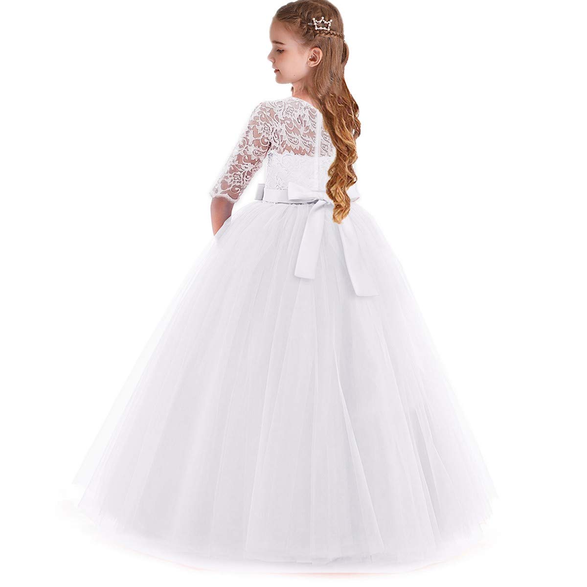 Snapklik.com : Flower Girls 3/4 Sleeves Lace Tulle A-Line Dress Floor ...