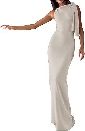 One Shoulder Streamer Dresses for Women 2024 Solid Wrapped Long Dress ...