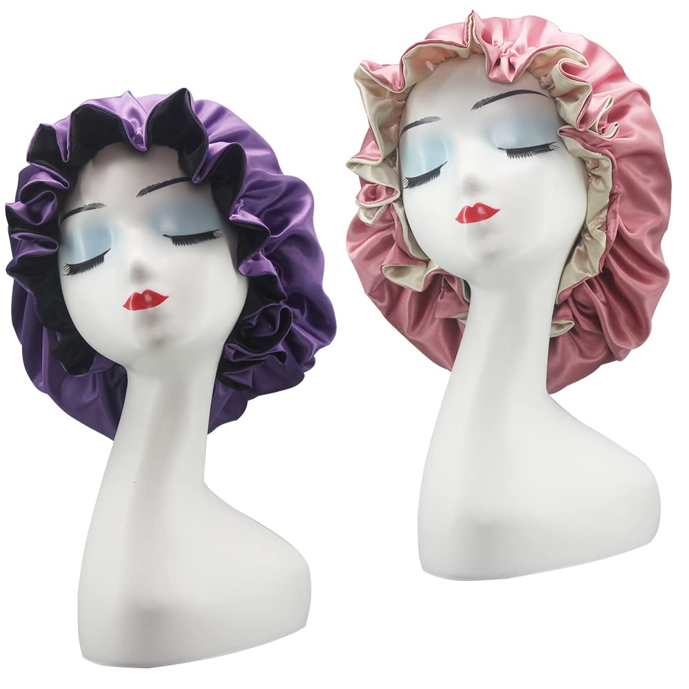 Amazon.com : Hanbertti 2 packs of Double Layers Satin Sleep Bonnet with ...