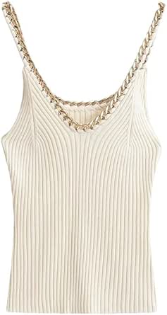 Women Ribbed Knit Tank Tops Chains V Neck Thin Straps Camis Sexy at ...
