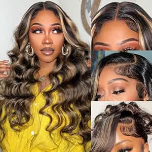 Amazon.com : Avolo Highlight Lace Front Wig Human Hair Pre Plucked Body Wave 180% Density 1B/27 ...