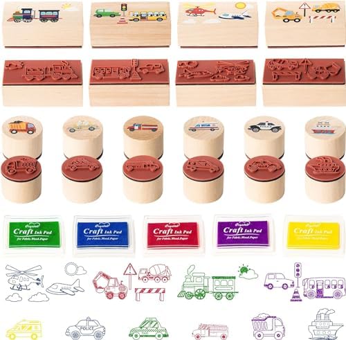 Haooryx 15Pcs Vehicles Wooden Rubber Stamps for Kids DIY Craft Card ...