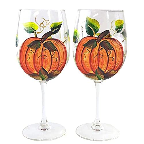 Amazon.com: Hand Painted Pumpkin Fall Thanksgiving Wine Glass | Set of ...