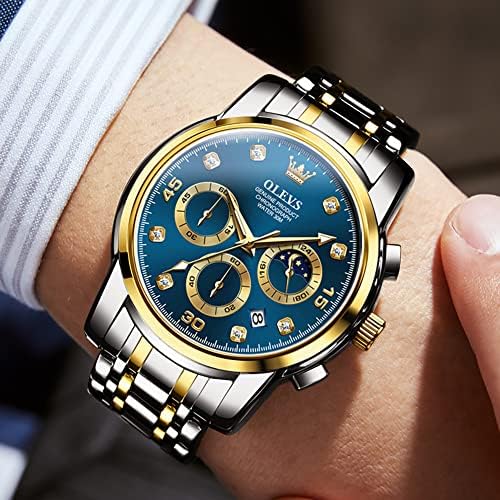 Amazon | OLVES 腕時計 メンズ ビジネス うで時計 クォーツ クロノグラフ ムーンフェイズ サファイアガラス ステンレス鋼バンド 夜光 防水 プレゼント 青 watch for ...