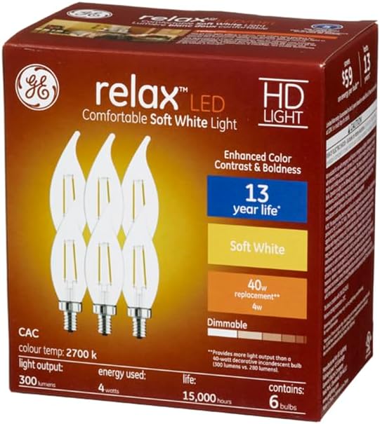 GE (6 Bulbs) Relax LED HD Decorative Chandelier Light Bulb, Clear, Bent ...